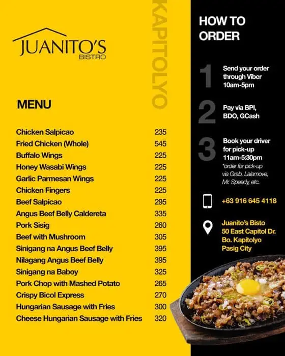 Juanito's Bistro menu price 2022-2023 near Kapitolyo in Pasig ...